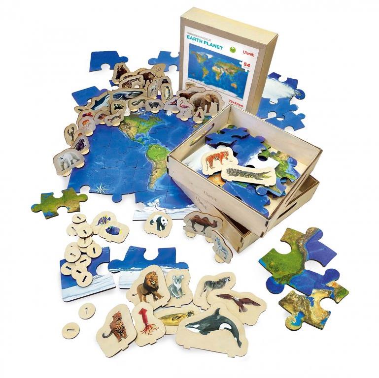 Ulanik Podlahové puzzle Mapa Země s figurkami zvířat - Dřevěné puzzle ...