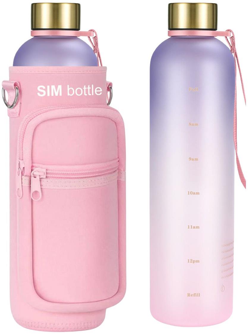 SIM bottle Láhev na pití s růžovým neoprenovým obalem, 1000 ml, duhová ...